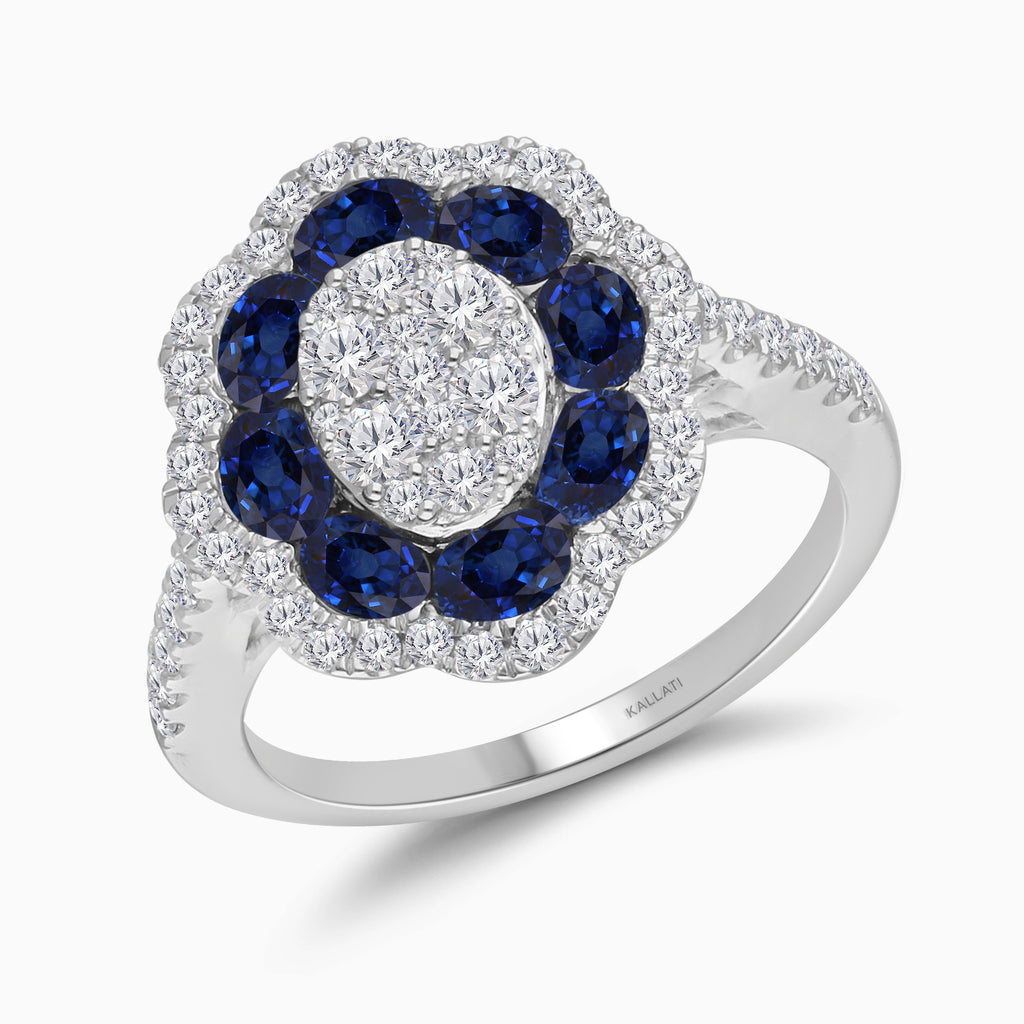 White Diamond and Blue Sapphire Large Flower Ring – KALLATI