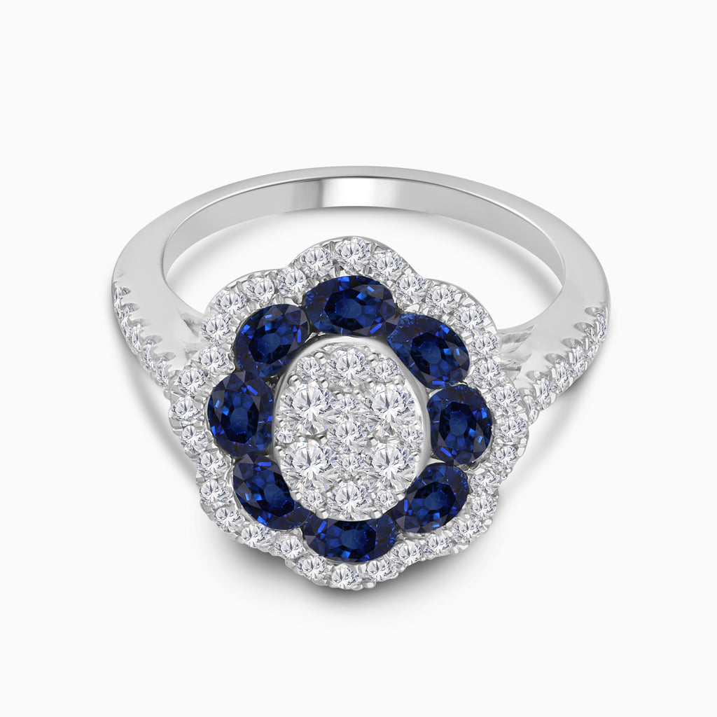 White Diamond and Blue Sapphire Large Flower Ring – KALLATI