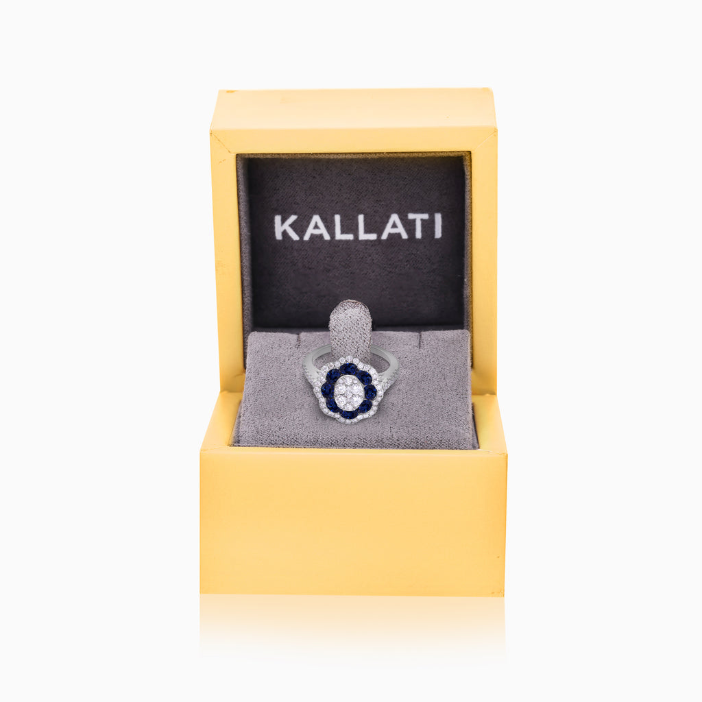 White Diamond and Blue Sapphire Large Flower Ring – KALLATI